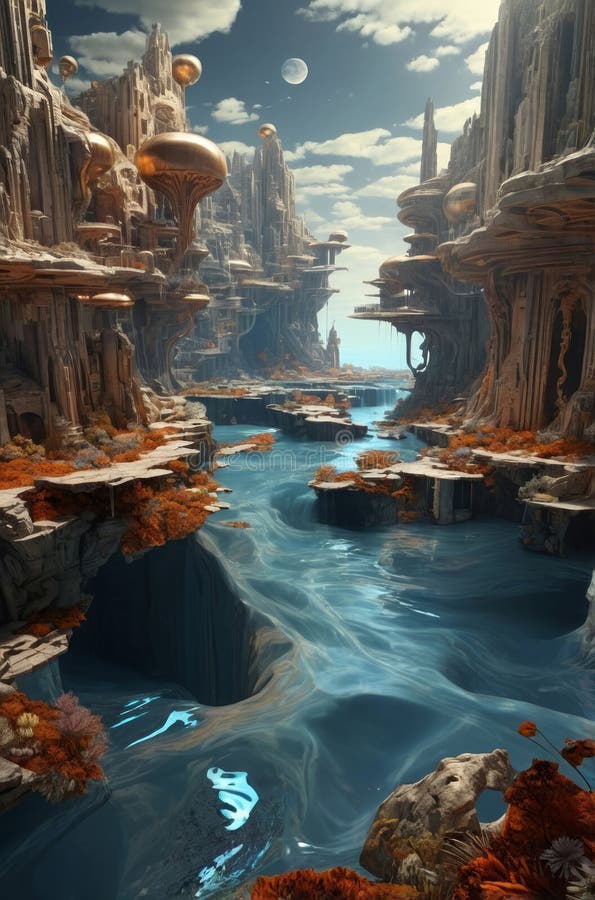 Surreal Cityscape with Liquid Gravity and Distorted Architecture in ...