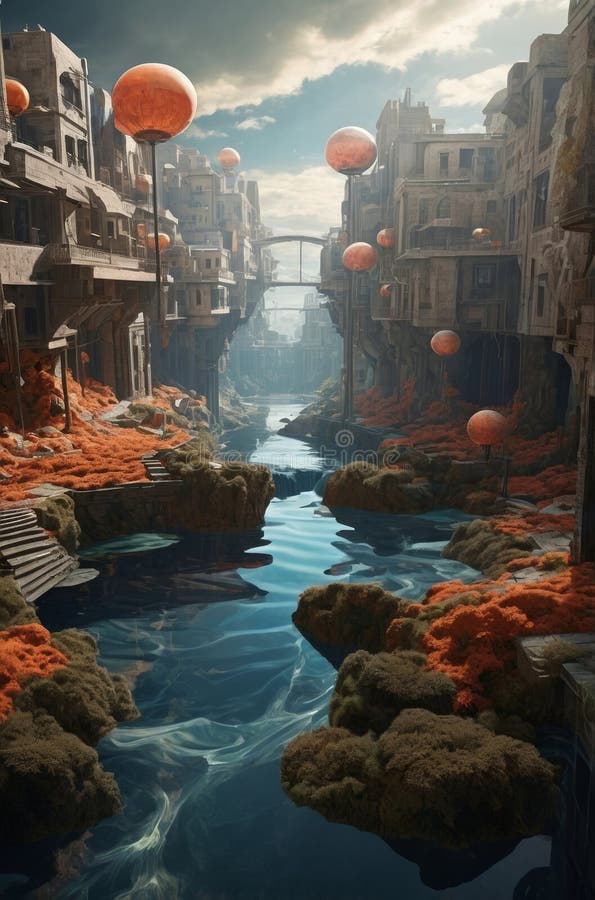 Surreal Cityscape with Liquid Gravity and Distorted Architecture in ...