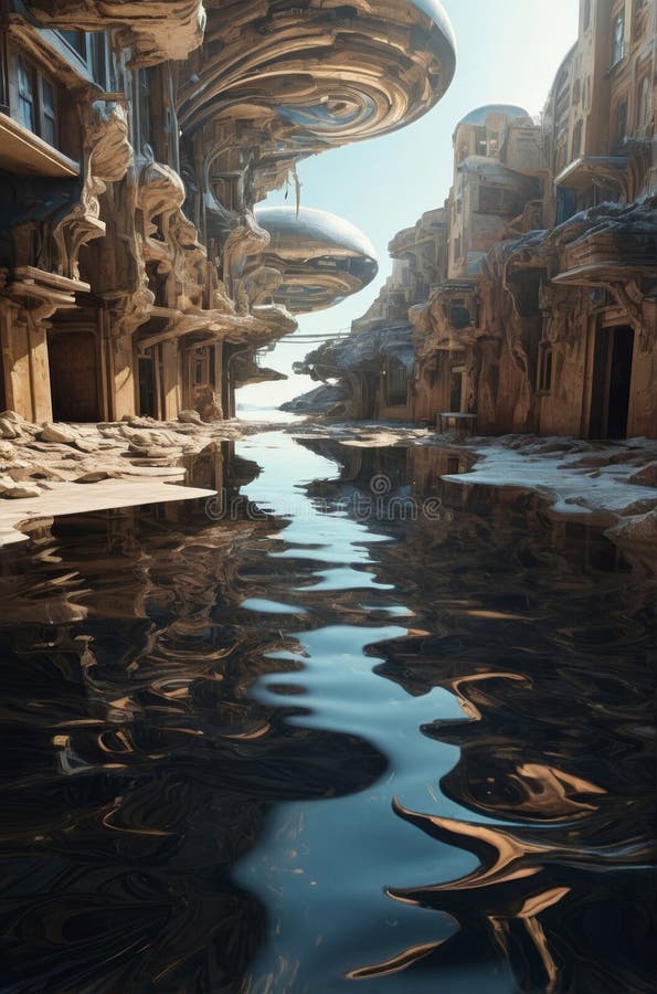 Surreal Cityscape with Liquid Gravity and Distorted Architecture in ...