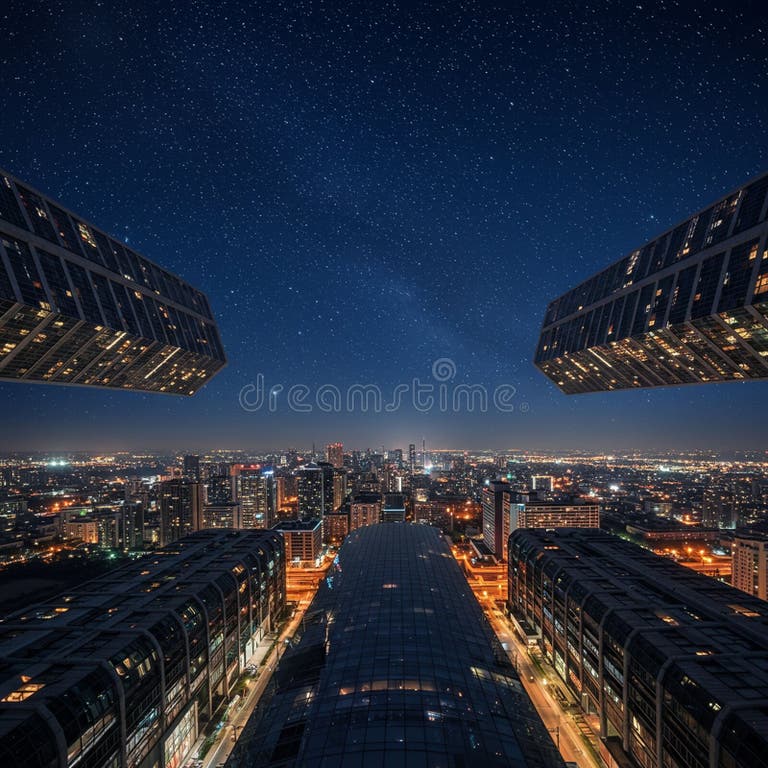 A Surreal Cityscape at Night with a Star-filled Sky. the Viewpoint Appears Distorted, Stock ...