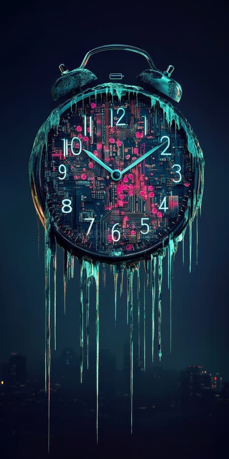 Surreal Clock with Dripping Elements and Digital Background Effects ...