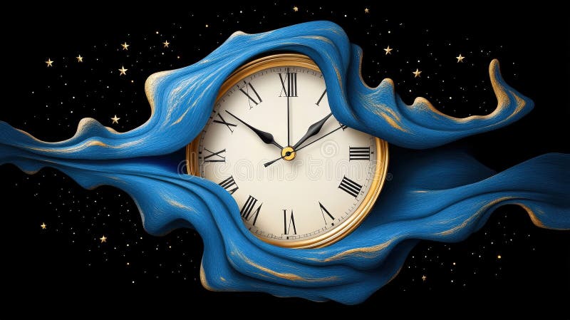 A Surreal Clock Emerging from Flowing Blue Fabric Against a Dark ...