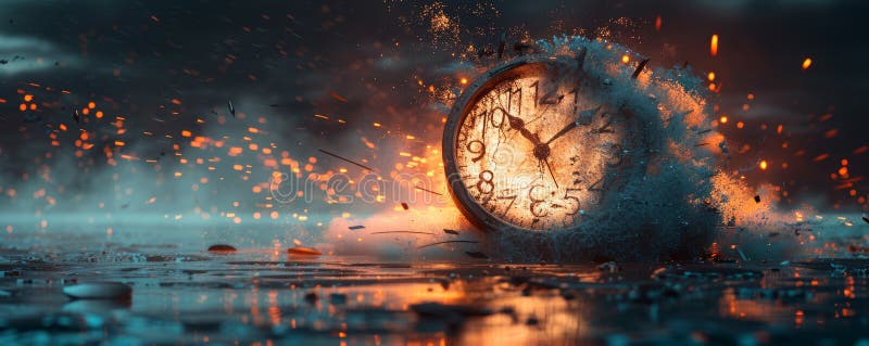 Surreal Clock Explosion in Water with Fiery Sparks and Dramatic Sky at ...