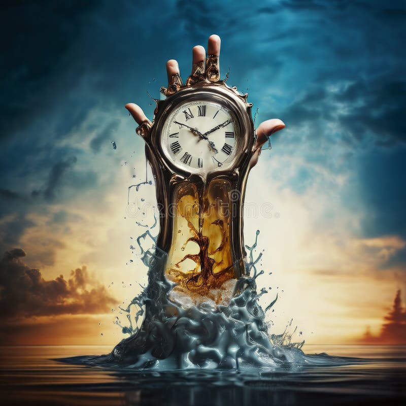 Surreal Clock in Hand Emerging from Liquid on Blue Sky Background Stock ...