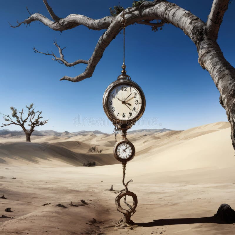 Surreal Clock Hanging from Tree in Desert Stock Photo - Image of ...