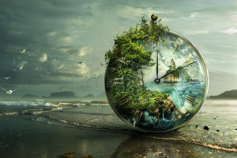 Surreal Clock Landscape Encapsulating the Dynamic Forces of Nature and ...