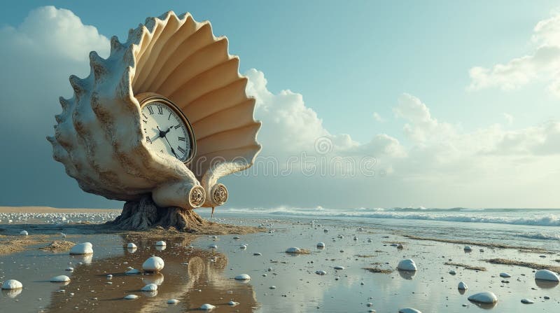 Surreal Clock in Seashell on Beach Stock Illustration - Illustration of ...