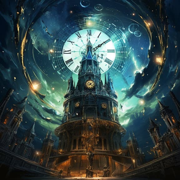Surreal Clock Tower with Celestial Elements Stock Illustration ...