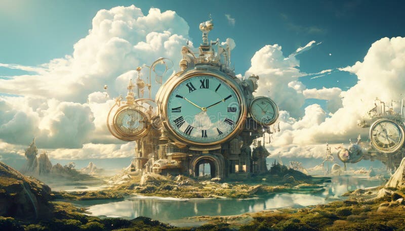 Surreal Clock Tower in a Dreamy Landscape with Floating Timepieces ...