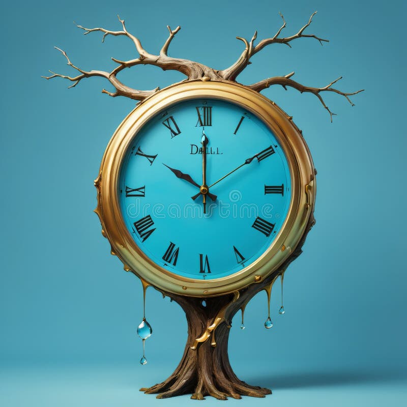 Surreal Clock with Tree Branches on Blue Background Stock Image - Image ...