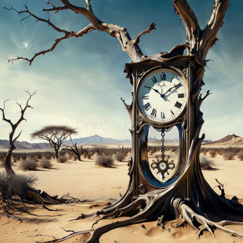 Surreal Clock Tree in Desert Landscape Stock Image - Image of mystical ...