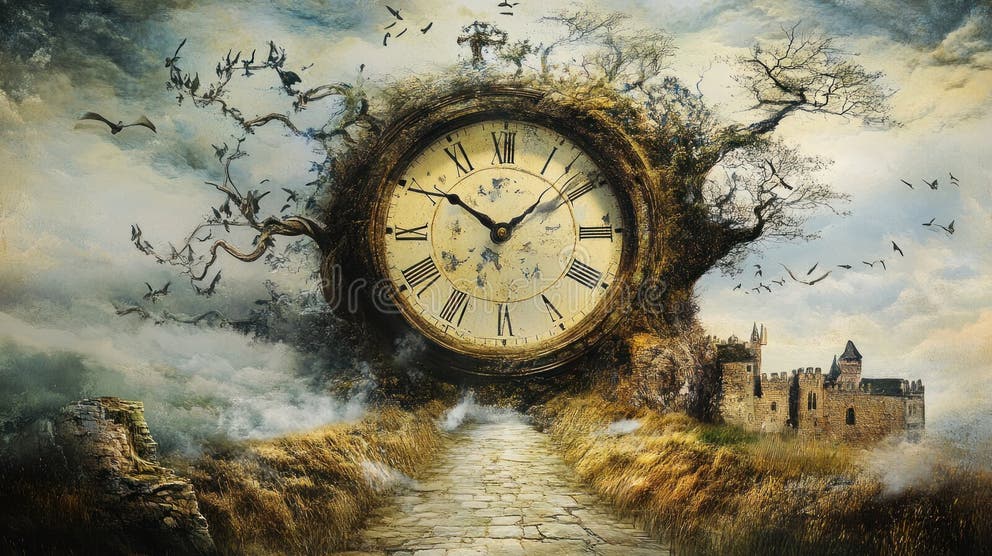 Surreal Clock Tree Landscape, Misty Path Leads To Castle Stock ...