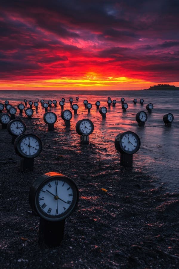 Surreal Clocks on Beach during Vibrant Sunset Stock Image - Image of ...