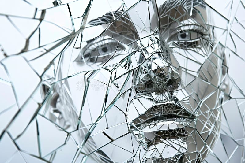 Surreal Close-up of Cracked Mirror with Ghostly Face Reflection in ...