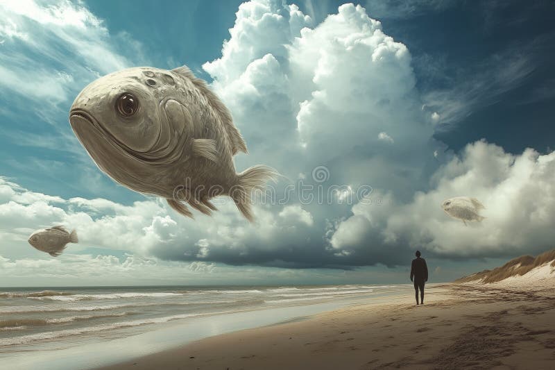 Surreal Coastal Scene with Giant Floating Fish and Lonely Figure Stock ...