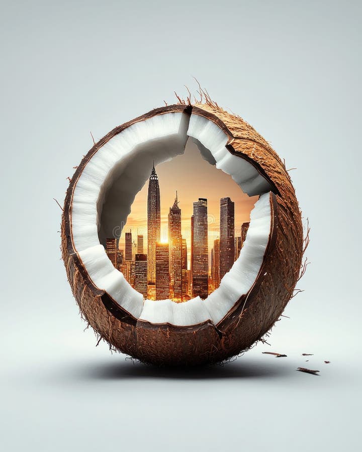 Surreal Coconut Cityscape with Urban Skyline Inside a Coconut Shell ...