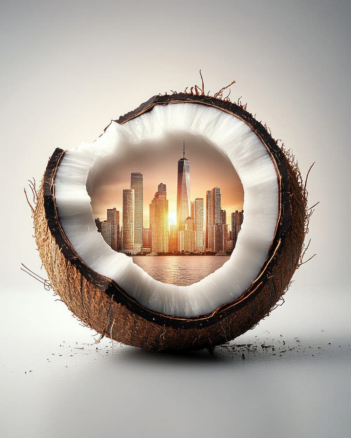 Surreal Coconut Cityscape with Urban Skyline Inside a Coconut Shell ...