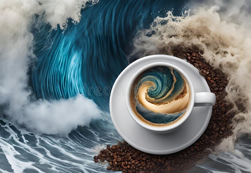 A Surreal Coffee Cup with Ocean Waves Surrounding it Dramatically Stock ...