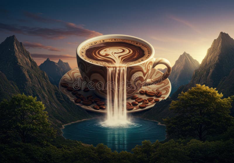 Surreal Coffee Cup Waterfall in Mountain Landscape at Sunrise Stock ...