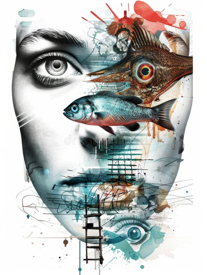 Surreal Collage Art with Human Face Fish and Abstract Elements in ...