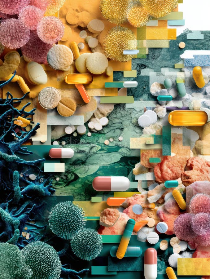 Surreal Collage Depicting Bacteria Interacting with Various Types of ...