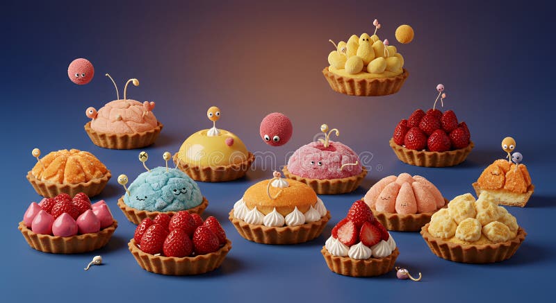 Surreal Colorful Tarts with Whimsical Creatures on Gradient Background ...