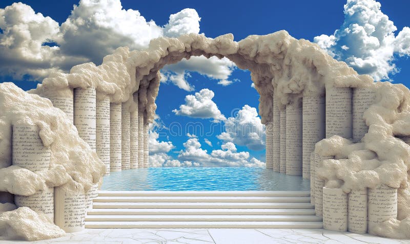 Surreal Columns with Clouds and Pool Under Blue Sky. Stock Photo ...