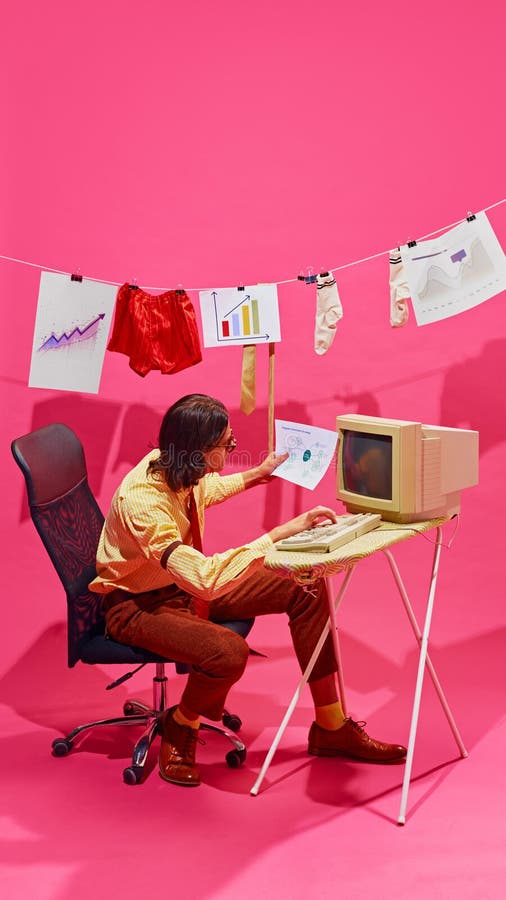 Person Types on Vintage Keyboard, and Office Life, Multitasking. Stock ...