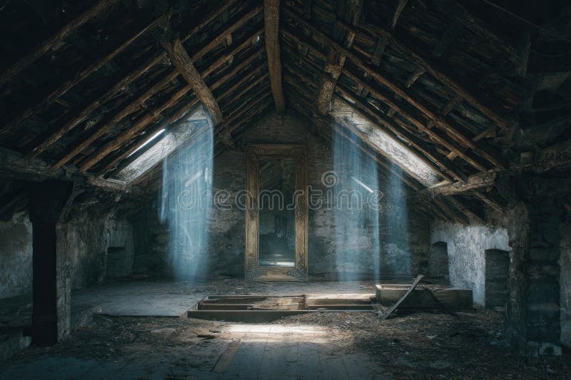 Surreal Composite of a Mirror Reflecting Ghostly Apparitions in a Decrepit Attic Stock ...