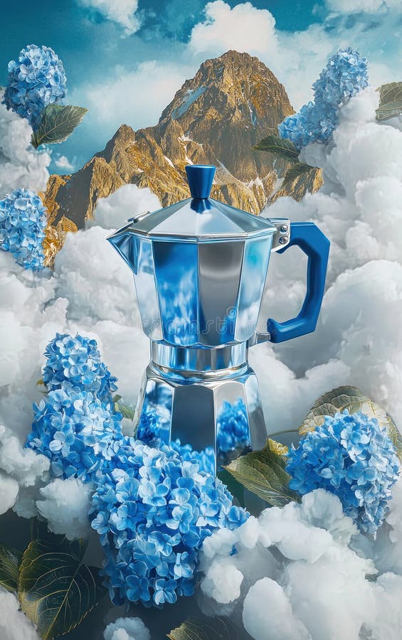 Surreal Composition with a Coffee Maker Mountains Hydrangeas and Clouds ...