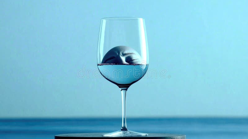 Surreal Composition: Face Reflected in Wine Glass with Ocean Background ...