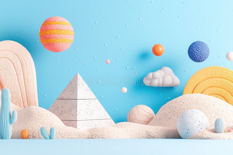 Surreal Composition Featuring Colorful 3D Objects, Pyramids, and Clouds ...