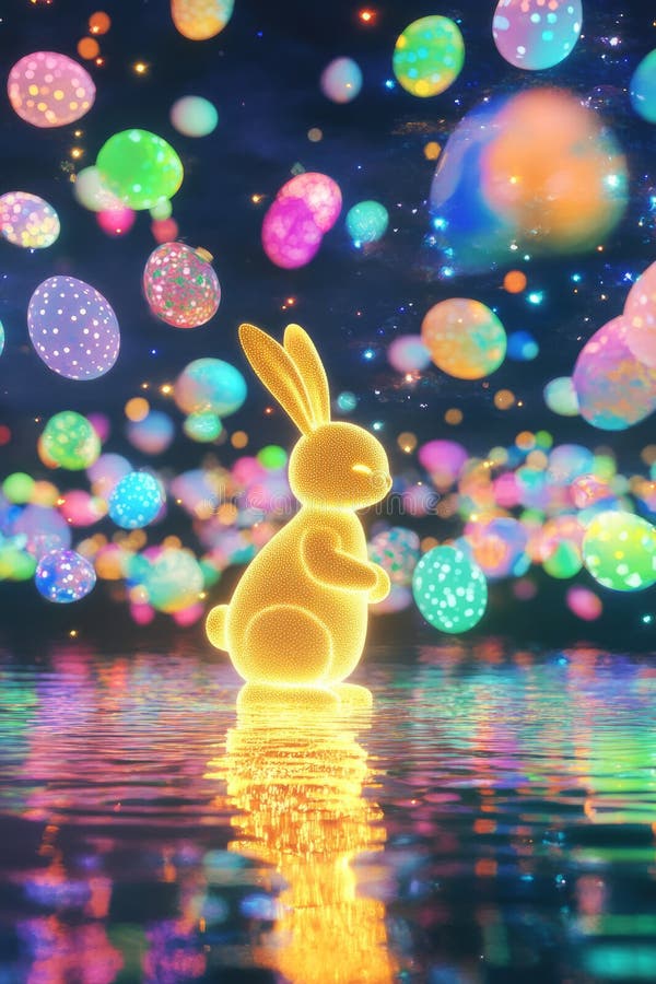 A Surreal Composition of a Glowing Golden Easter Bunny Standing on a ...