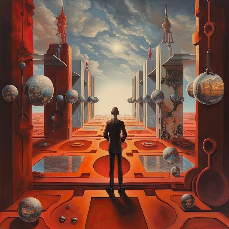 Surreal Composition with Stone Tunnel and Red, Gray Doors Under Bright ...