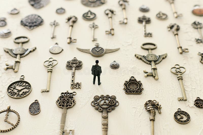 Surreal Concept Image of Person Looking at Many Vintage Keys and Clocks ...