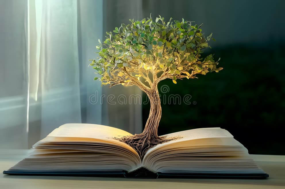 Surreal Concept of Knowledge and Growth: Glowing Tree Sprouting from an Open Book in a Mystical ...