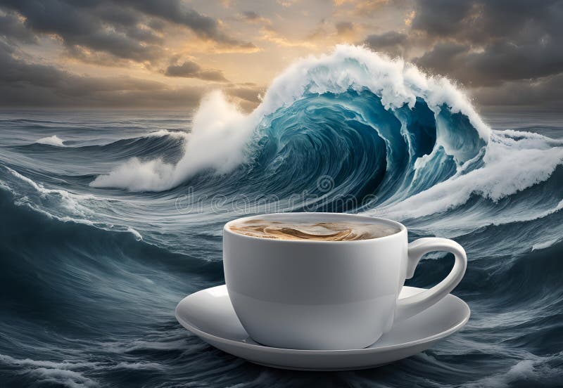 A Surreal Concept Showing a Large Ocean Wave Inside a Coffee Cup Stock ...
