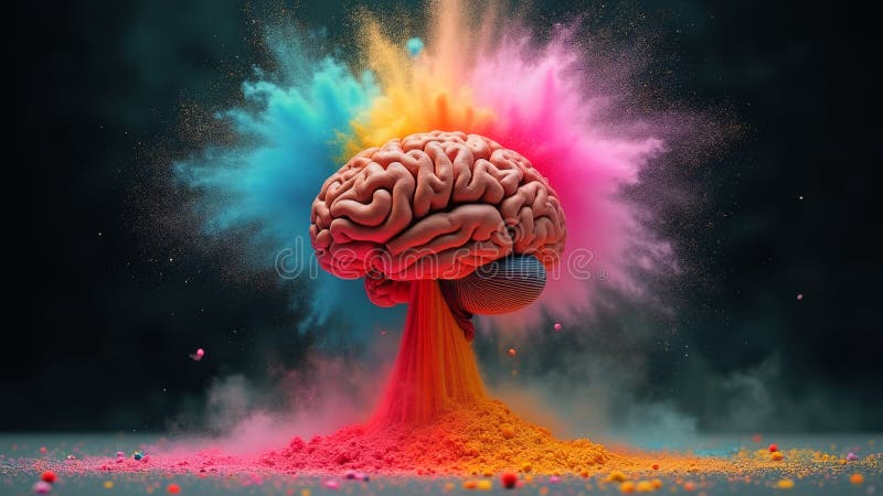 Explosive Creativity: Realistic Human Brain Floating Amidst Vibrant ...