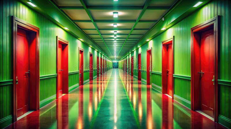 A Surreal Corridor of Empty Red Doors a Dreamlike Digital Landscape ...