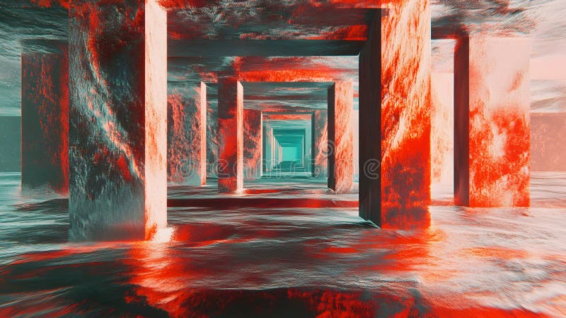 Surreal Corridor Features Parallel Columns Extending into the Distance ...