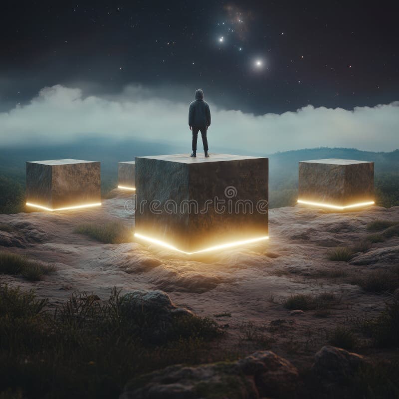 Surreal Cosmic Adventure: Person Standing on Glowing Floating Cube ...
