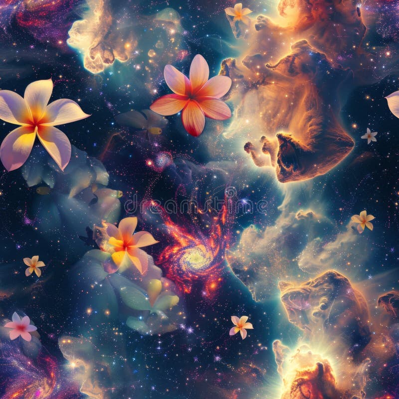 Surreal Cosmic Dreamscape with Vibrant Nebulae and Floating Flowers ...