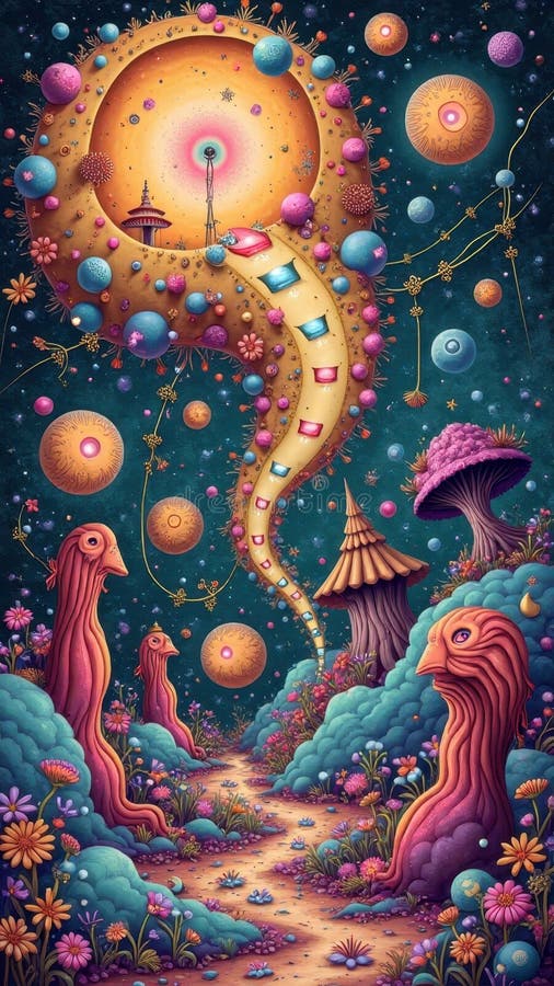 Surreal Cosmic Fantasy with Celestial Landscape and Whimsical Creatures ...