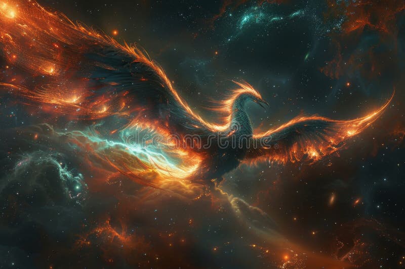 A Surreal Cosmic Fire Phoenix in a Backdrop of Nebulae and Galaxies ...