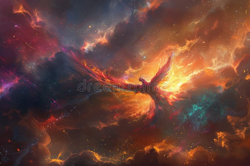 A Surreal Cosmic Fire Phoenix in a Backdrop of Nebulae and Galaxies ...