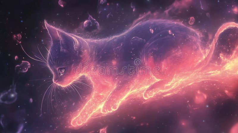 Surreal Cosmic Illustration of a Glowing Cat Floating in Space Stock ...