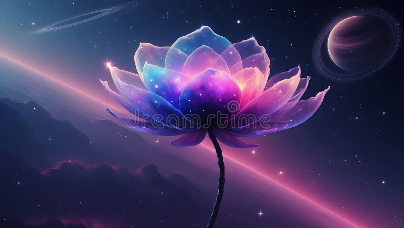 Surreal Cosmic Lotus Flower Blooming in Outer Space with Planet ...