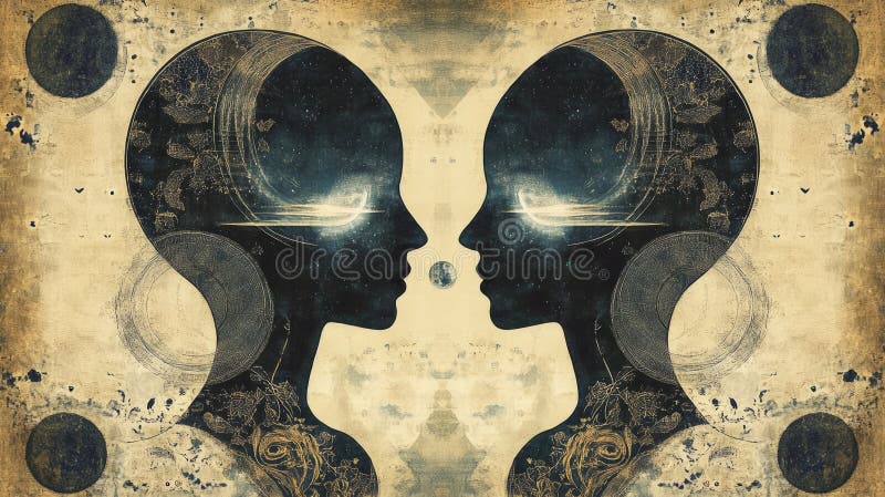 Surreal Cosmic Portrait of Two Symmetrical Faces with Celestial ...