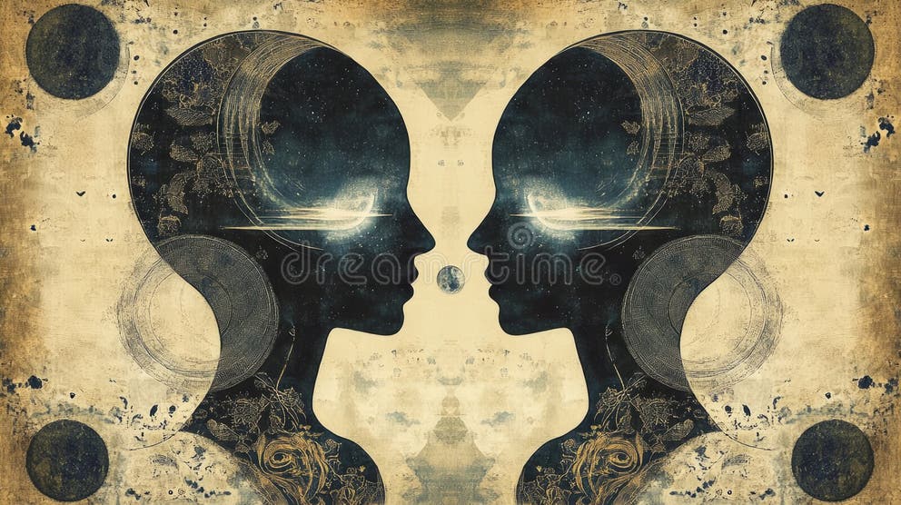 Surreal Cosmic Portrait of Two Symmetrical Faces with Celestial ...