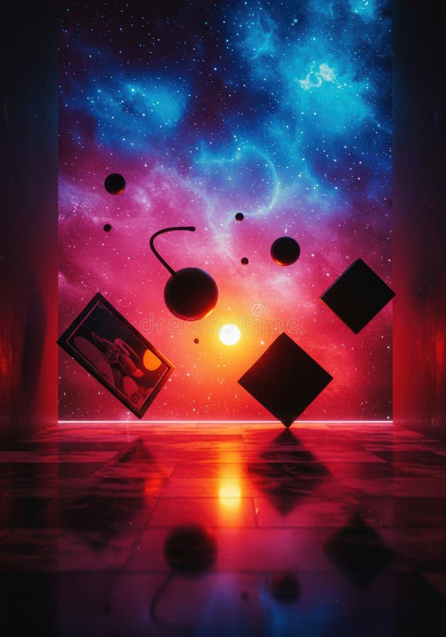 Surreal Cosmic Shapes Reflecting in Vivid Neon Light and Starry Sky ...